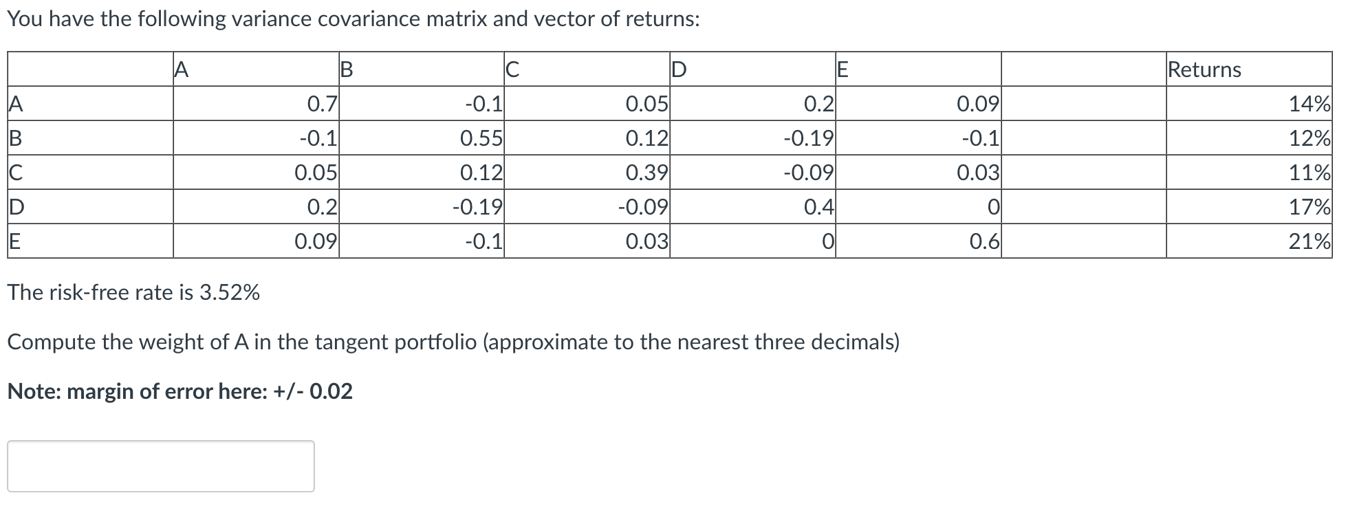 You have the following variance covariance matrix and | Chegg.com