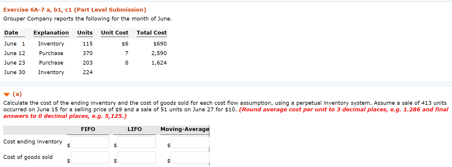 Solved Exercise 6A-7 a, bi, c1 (Part Level Submission) | Chegg.com