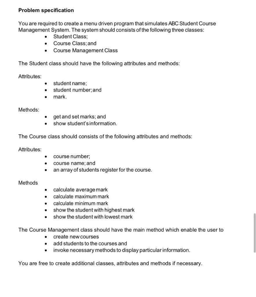 Solved Problem specification You are required to create a | Chegg.com