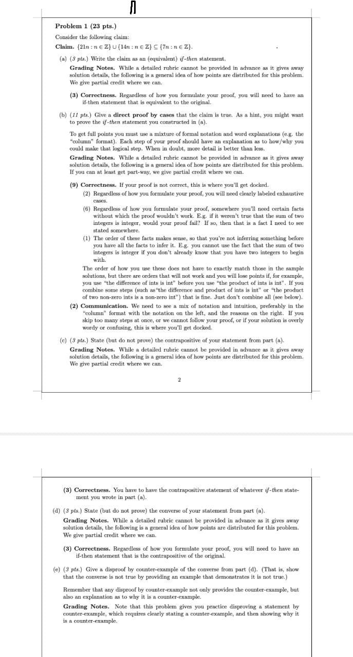 Solved Problem 1 (23 pts.) Consider the following claim: | Chegg.com
