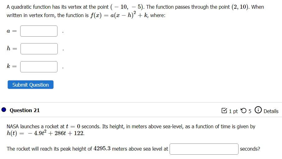 Solved A quadratic function has its vertex at the point | Chegg.com