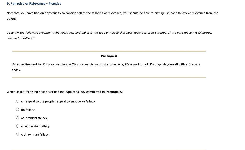 Solved 9. Fallacies of Relevance - Practice Now that you | Chegg.com