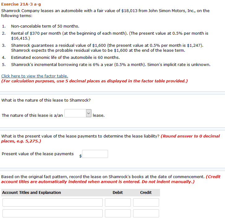 Solved Exercise 21A-3 a-g Shamrock Company leases an | Chegg.com