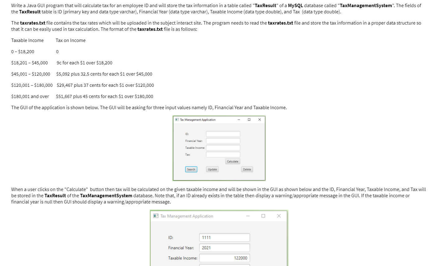 Solved Write a Java GUI program that will calculate tax for | Chegg.com