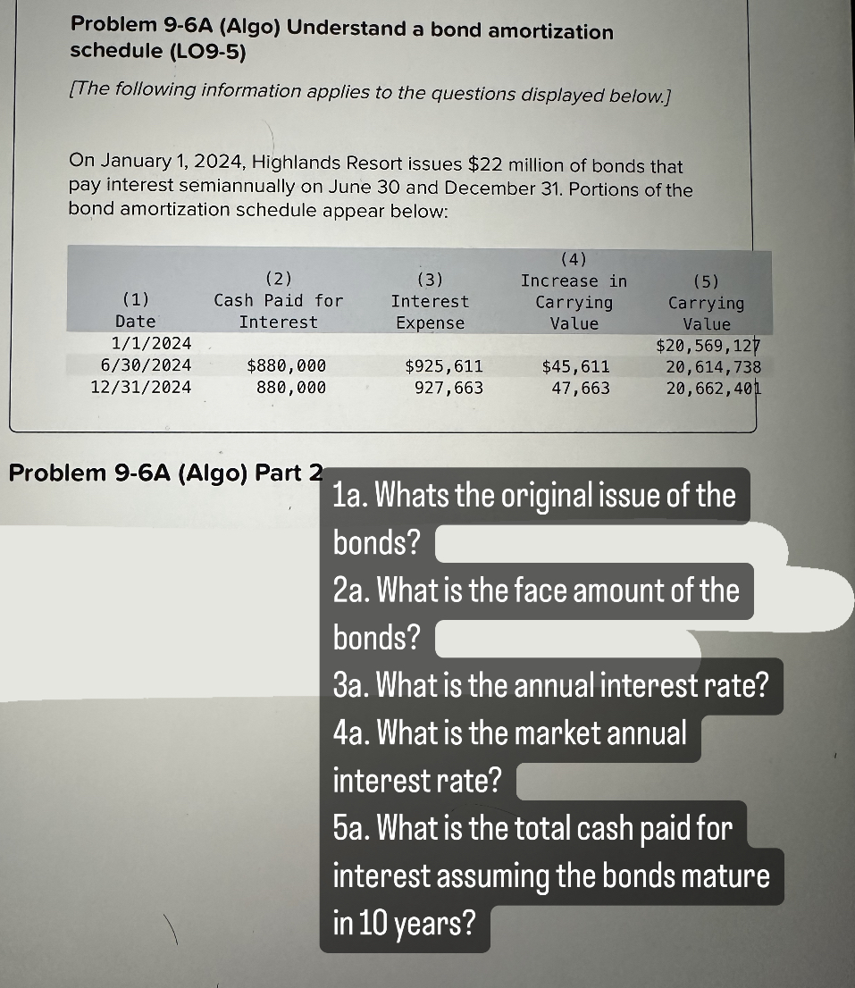Solved Problem 9-6A (Algo) Understand a bond amortization | Chegg.com