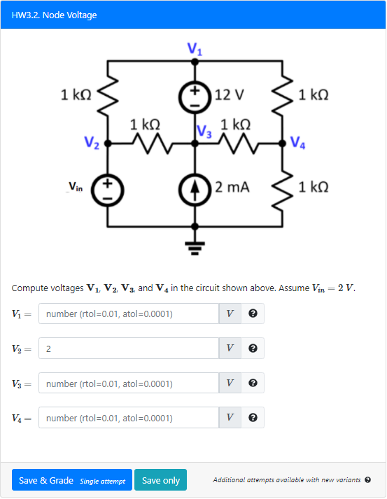 Solved HW3.2. Node Voltage V 1 ko 12 V 1 ko 1 k 2 1 k 2 V2 M | Chegg.com