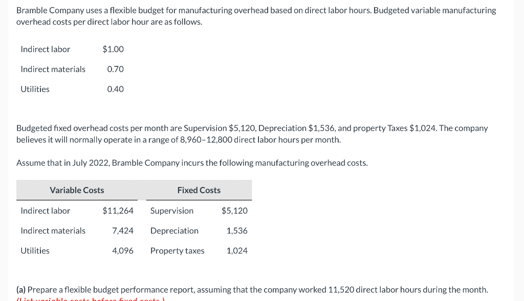 Solved Bramble Company uses a flexible budget for | Chegg.com