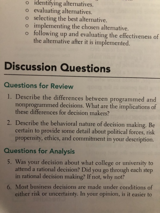 Solved o identifying alternatives. o evaluating | Chegg.com
