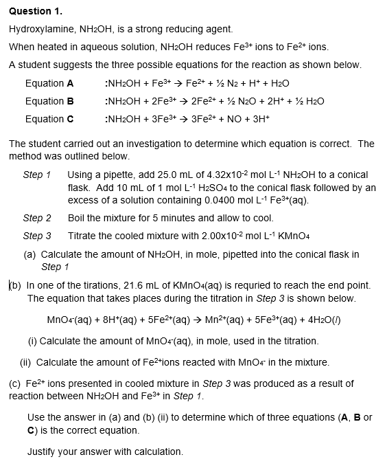 Solved Question 1. Hydroxylamine, NH2OH, is a strong | Chegg.com