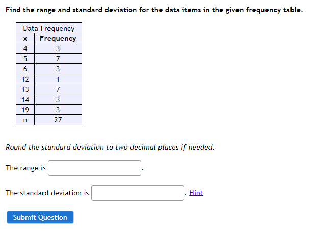Solved Find the range and standard deviation for the data | Chegg.com