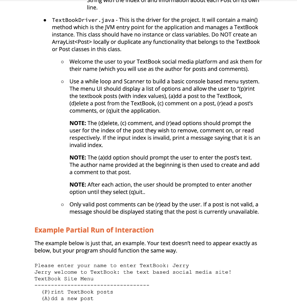 Overview TextBook is a console-based Social Media | Chegg.com