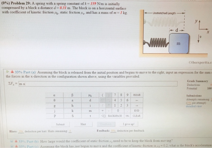 (0%) Problem 29: A spring with a spring constant of k | Chegg.com