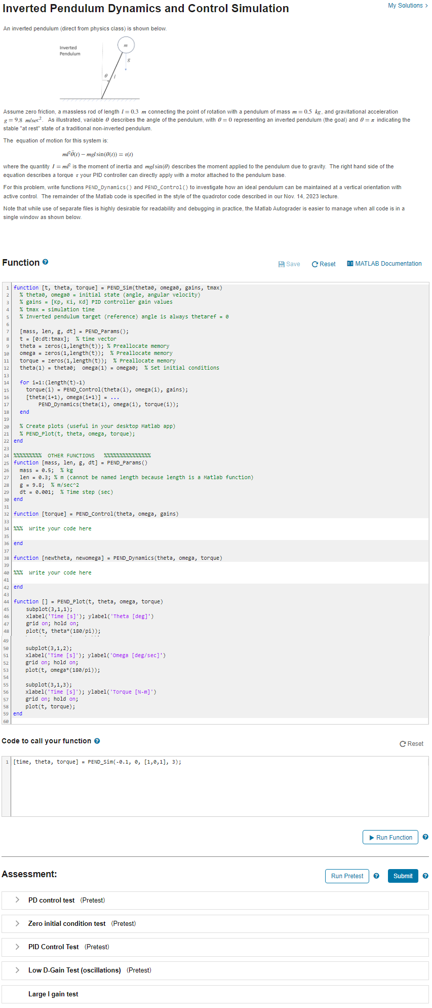 Solved Inverted Pendulum Dynamics and Control Simulation My | Chegg.com