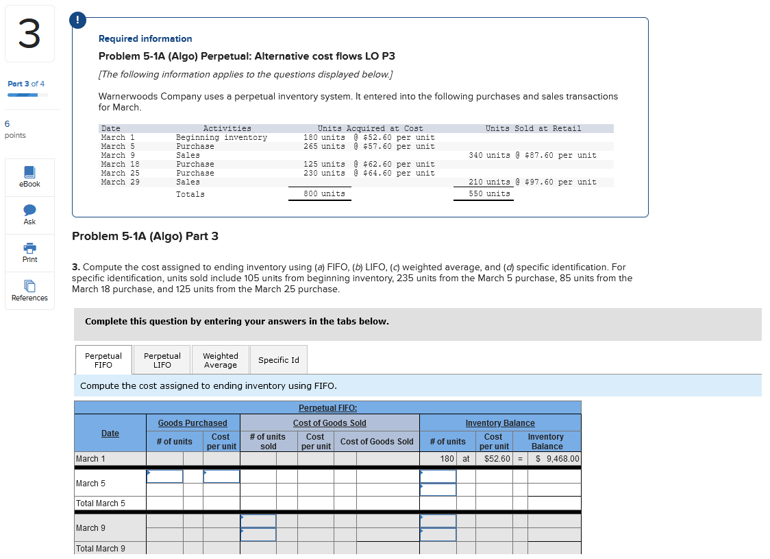 Solved 3 Required information Problem 5-1A (Algo) Perpetual: | Chegg.com
