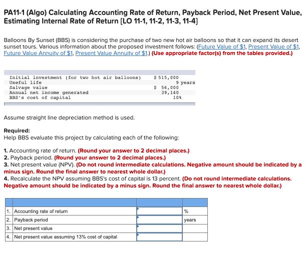 Solved PA11-1 (Algo) Calculating Accounting Rate of Return, | Chegg.com