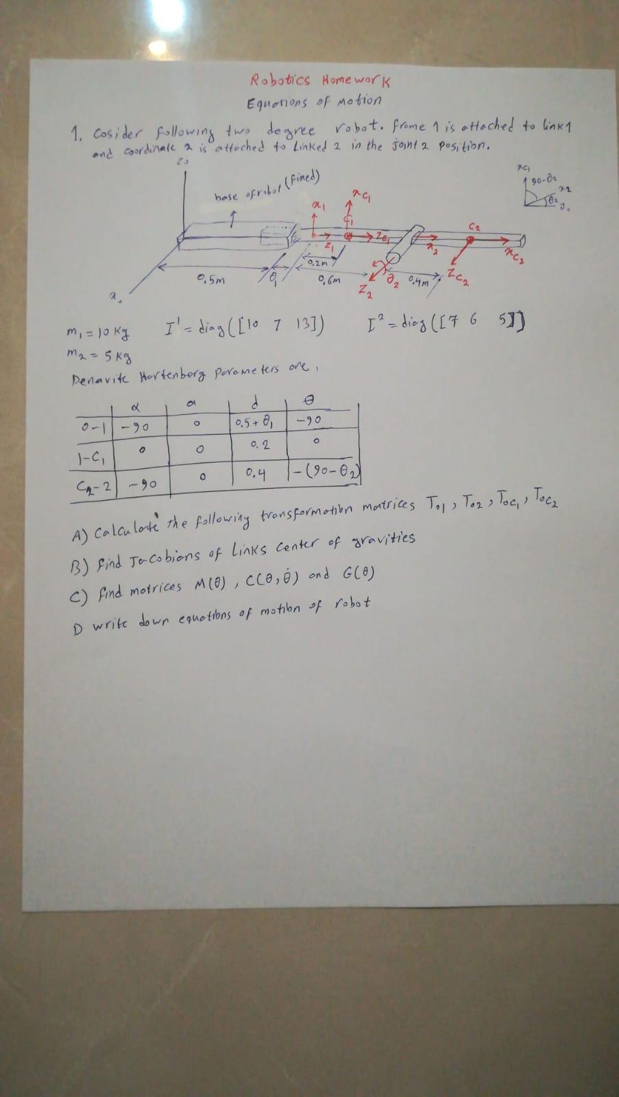 Robotics Home work Equations of motion 1. Cosider | Chegg.com