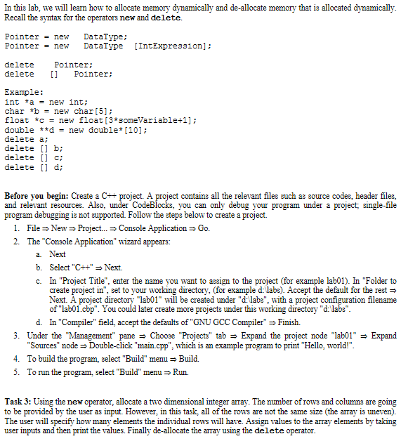 Solved In this lab, we will learn how to allocate memory | Chegg.com