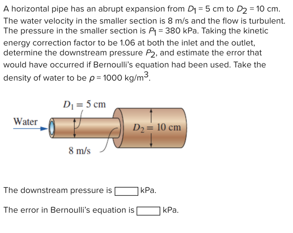 Solved A horizontal pipe has an abrupt expansion from D-5 cm | Chegg.com