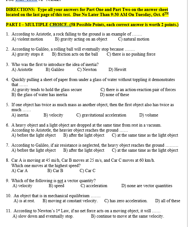 Solved that DIRECTIONS: Type all your answers for Part One | Chegg.com