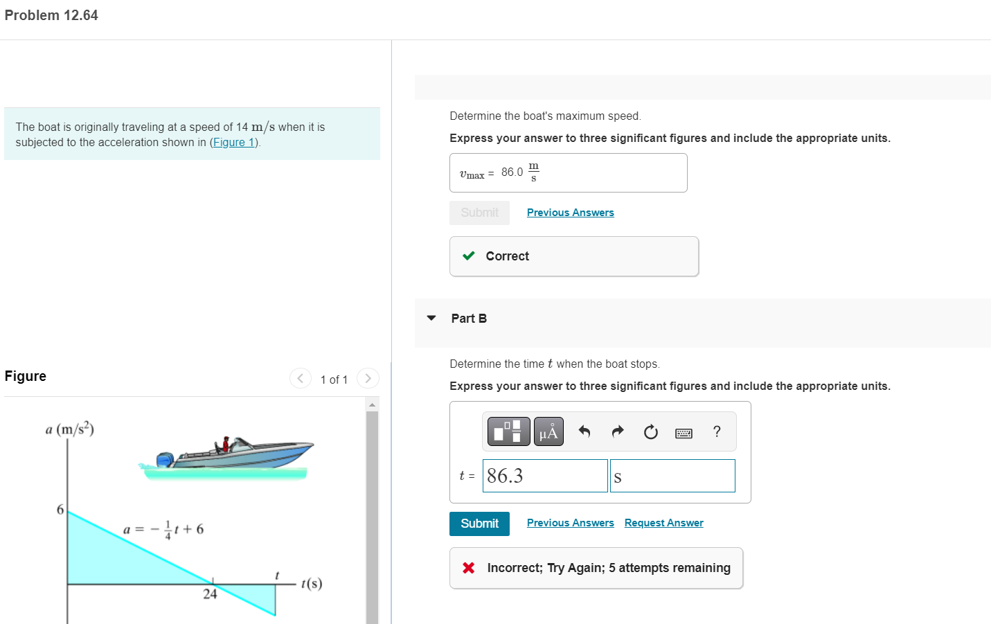 Solved The boat is originally traveling at a speed of 14 m/s | Chegg.com