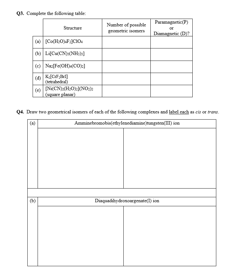 Solved Q1. Complete the following table: Structure (Formula) | Chegg.com
