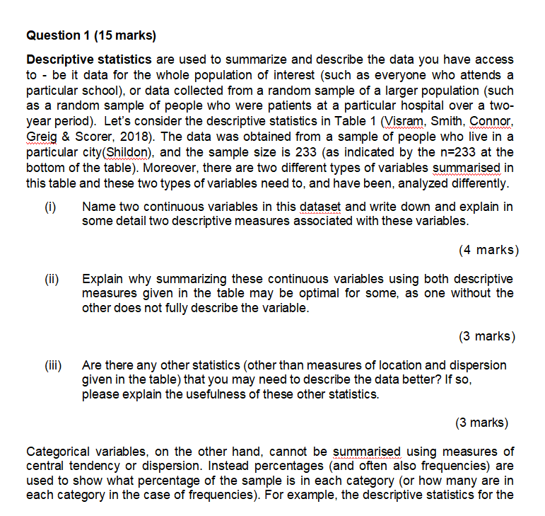 Solved Question 1 (15 marks) Descriptive statistics are used | Chegg.com