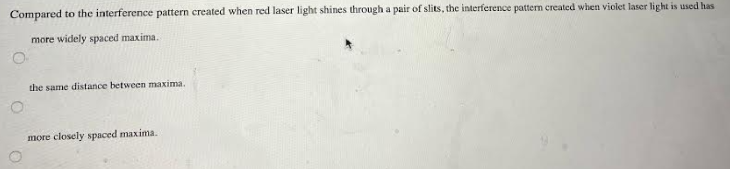 Solved Compared to the interference pattern created when red | Chegg.com