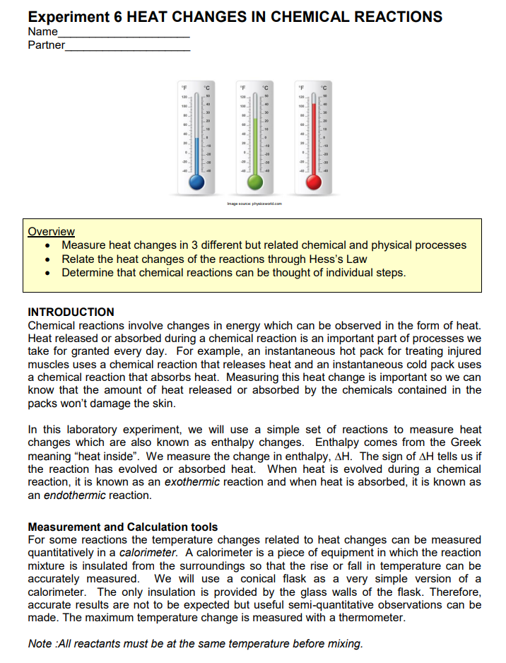 Experiment 6 HEAT CHANGES IN CHEMICAL REACTIONS Name | Chegg.com
