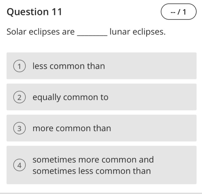 Solved Question 11 lunar eclipses. Solar eclipses are 1) | Chegg.com