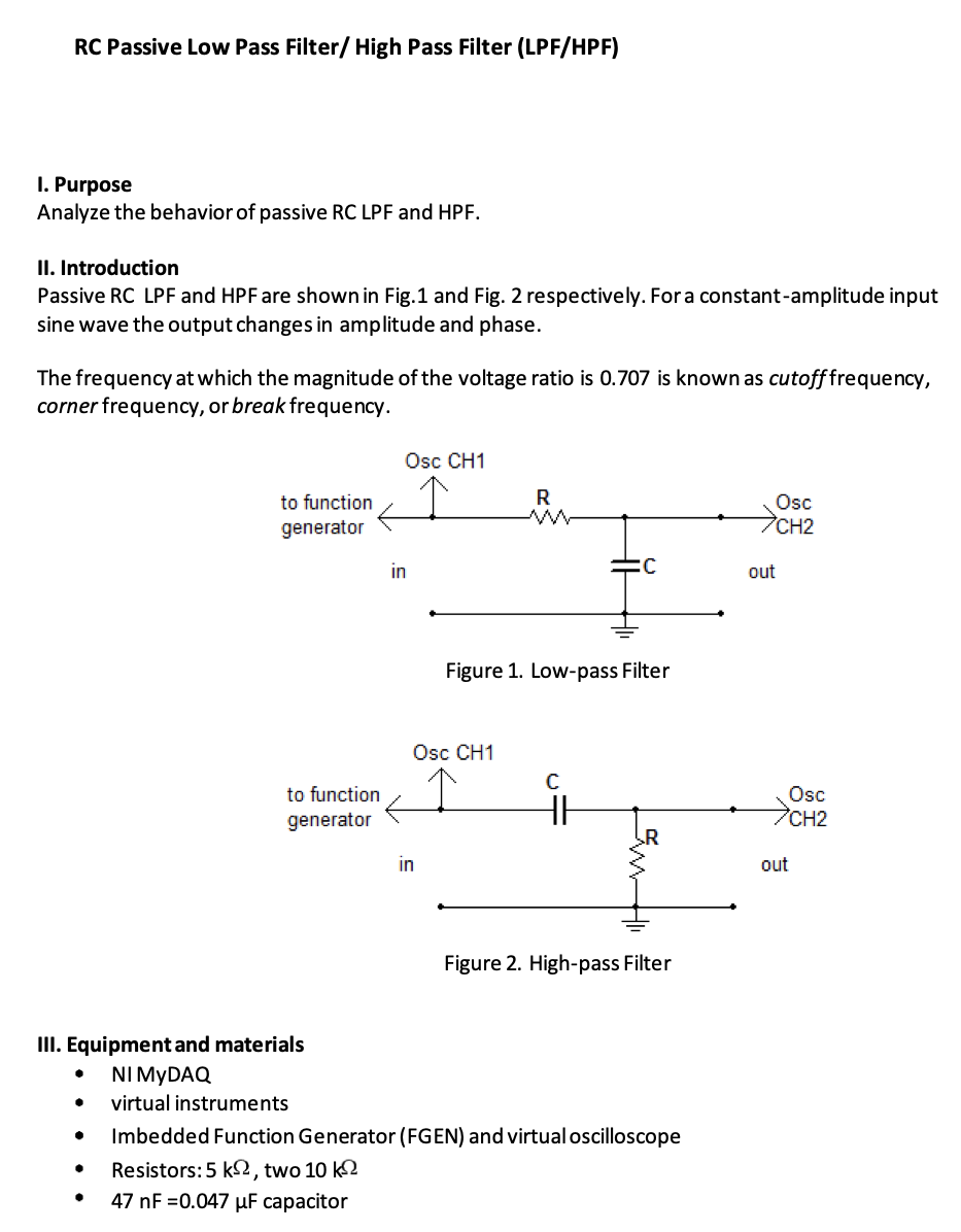 Solved RC Passive Low Pass Filter/ High Pass Filter | Chegg.com