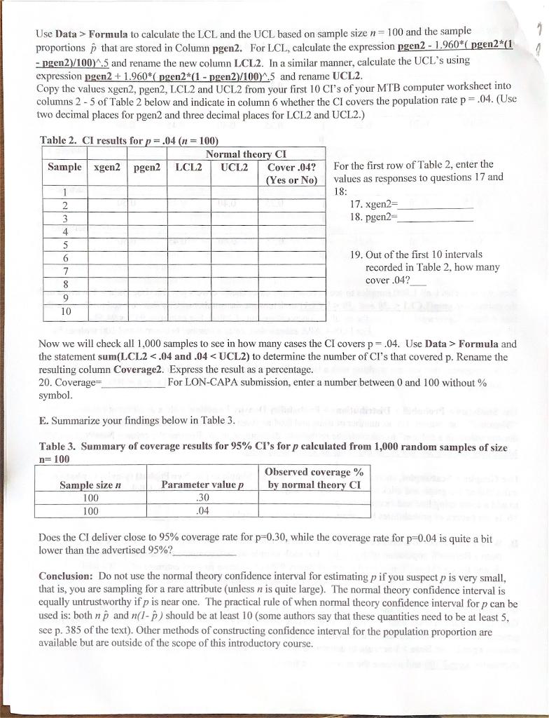 Use Data > Formula to calculate the LCL and the UCL | Chegg.com