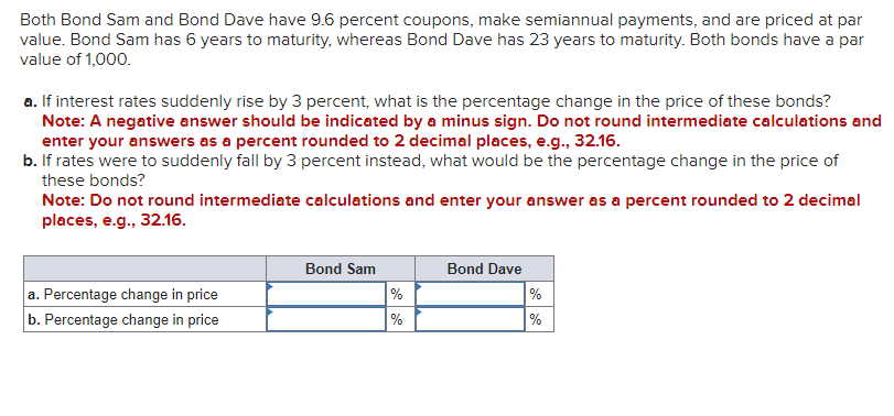 Solved Both Bond Sam and Bond Dave have 9.6 percent coupons, | Chegg.com