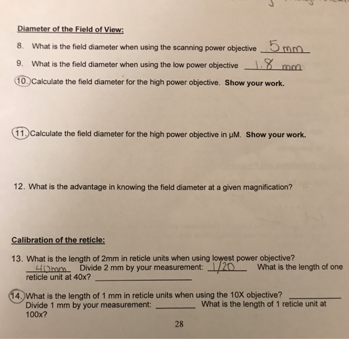 Solved Diameter of the Field of View: 8. What is the field | Chegg.com