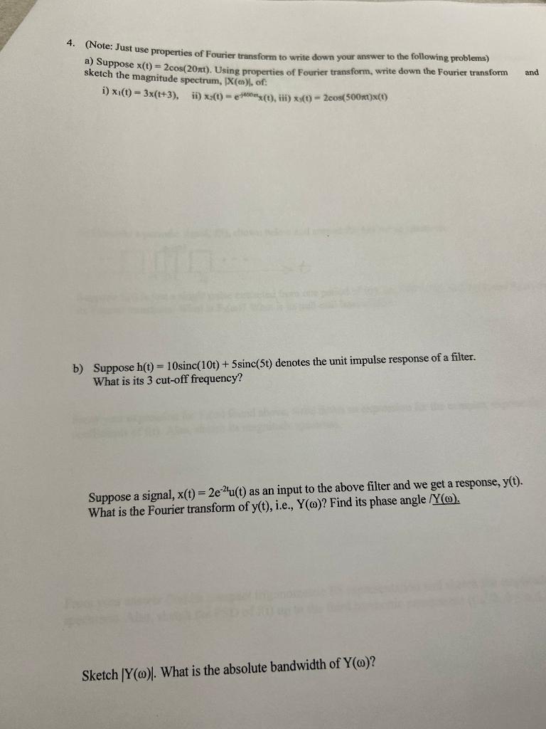 4. (Note: Just use properties of Fourier transform to | Chegg.com