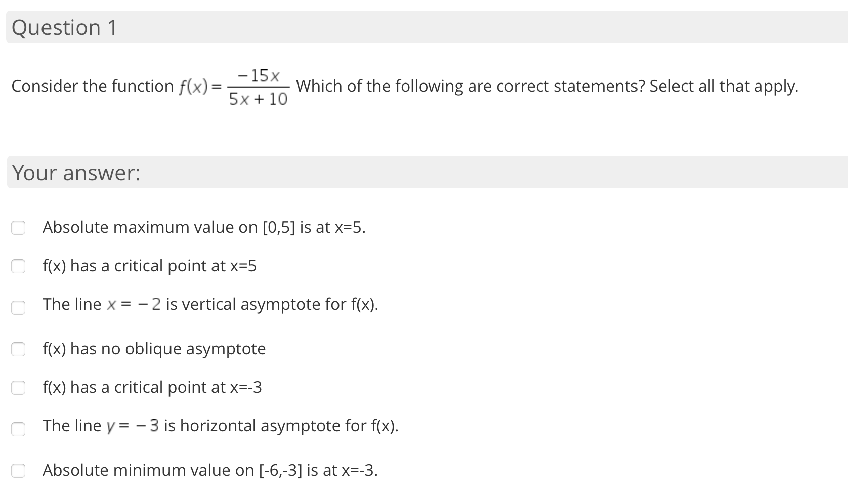 Solved Question 1 - 15x Consider the function f(x) = 5x + 10 | Chegg.com