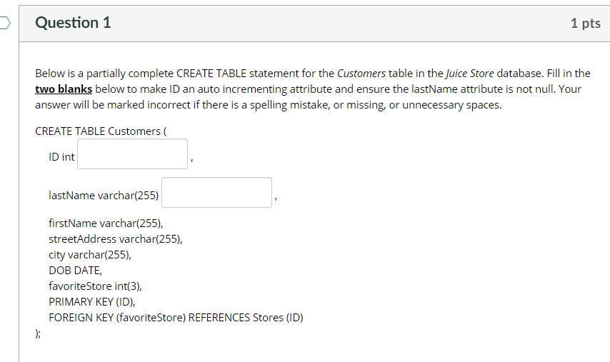 Solved Below is a partially complete CREATE TABLE statement | Chegg.com