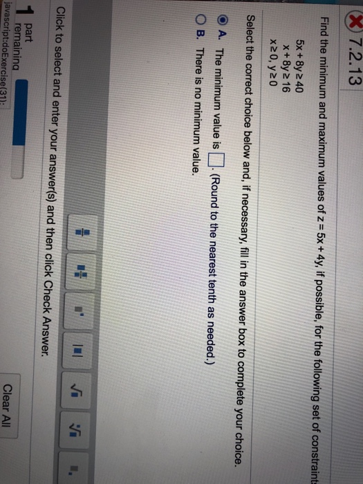 Solved X7.2.13 Find the minimum and maximum values of z 5x+ | Chegg.com