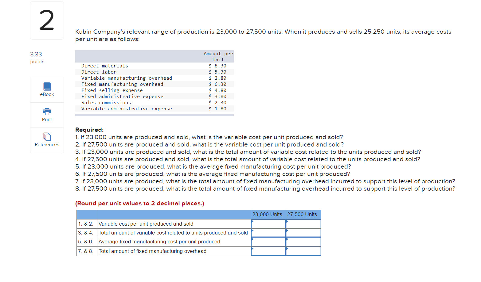 Solved 2 3.33 points eBook Print References Kubin Company's | Chegg.com