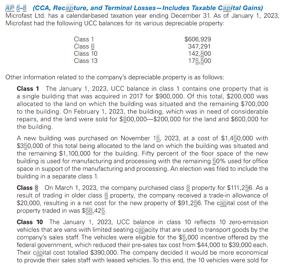 Solved AP 5 -8 (CCA, Recapture, and Terminal Losses - | Chegg.com