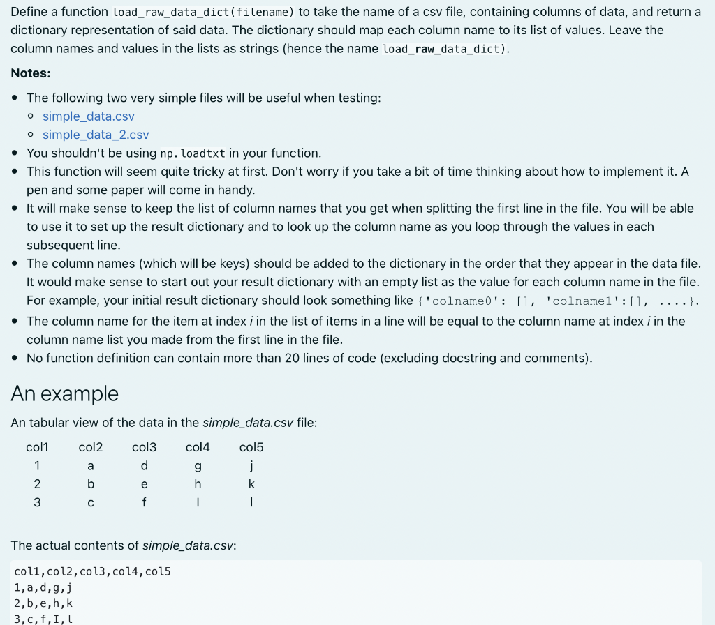 Solved Define a function load_raw_data_dict(filename) to | Chegg.com