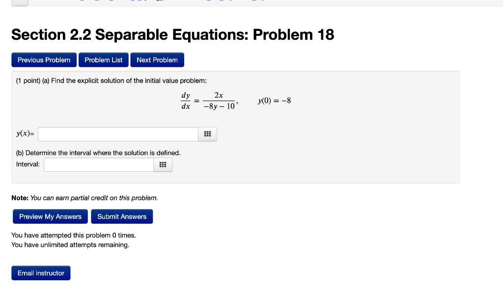 Solved Section 2 2 Separable Equations Problem 18 Previous