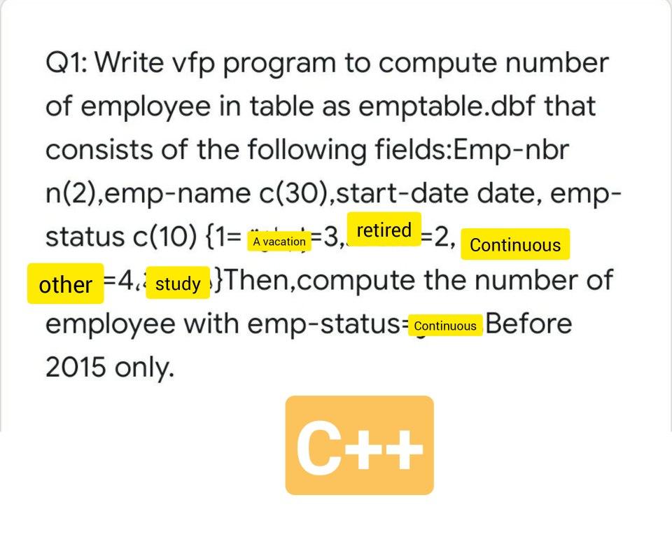 Solved Q1: Write vfp program to compute number of employee | Chegg.com