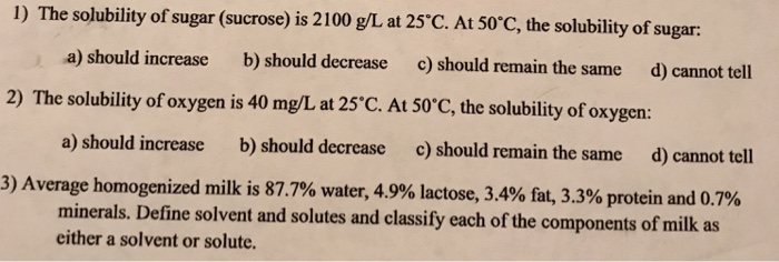 Solved I) The solubility of sugar (sucrose) is 2100 g/L at | Chegg.com