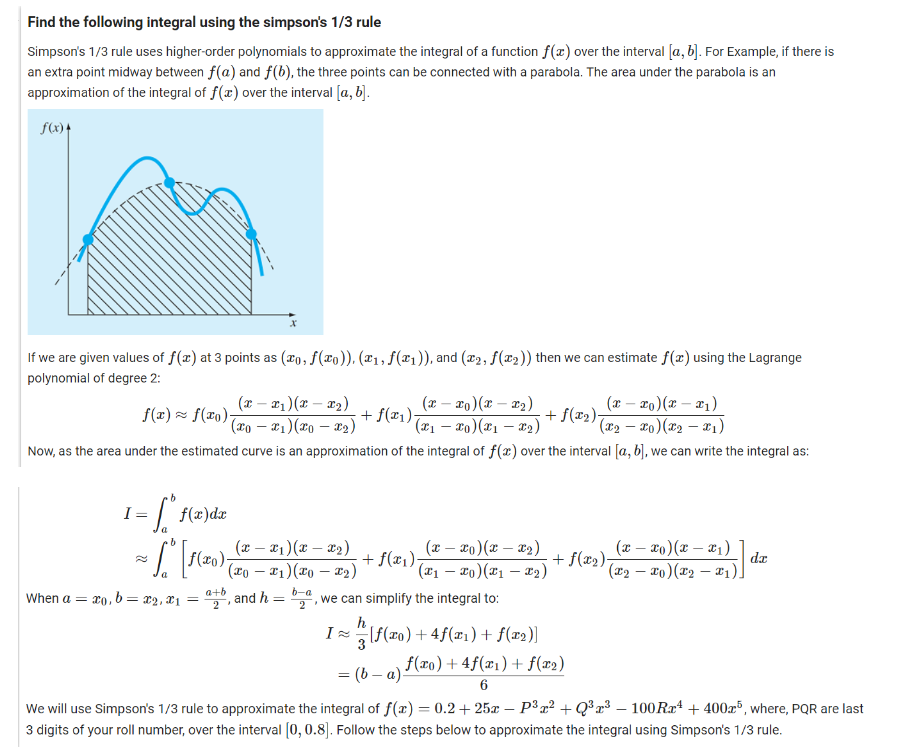 Solved Find the following integral using the simpson's 1/3 | Chegg.com