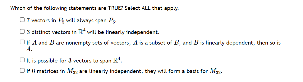 Solved Which of the following statements are TRUE? Select | Chegg.com