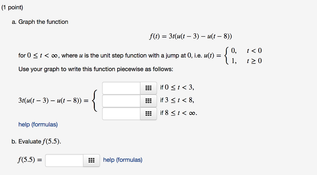 Solved 1 point) a. Graph the function ft)-3t(u(t - 3) - u(t | Chegg.com