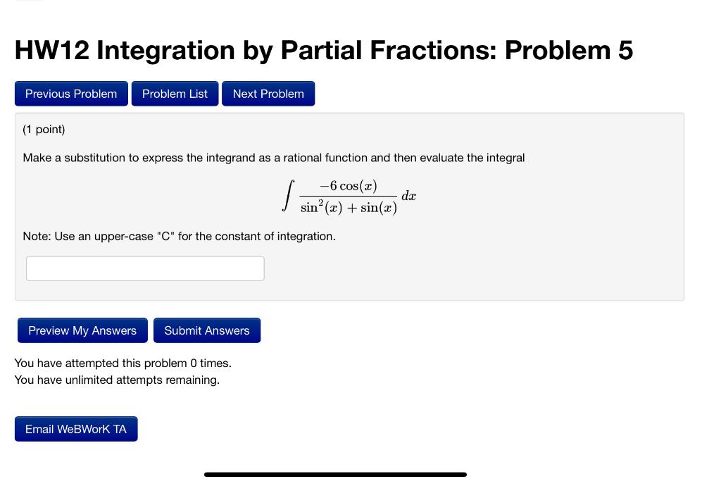 Solved HW12 Integration by Partial Fractions: Problem 5 (1 | Chegg.com