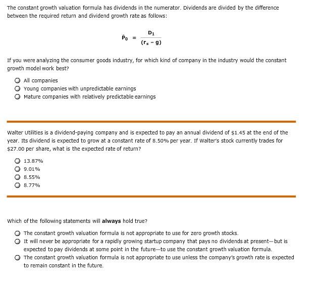 Solved The constant growth valuation formula has dividends | Chegg.com