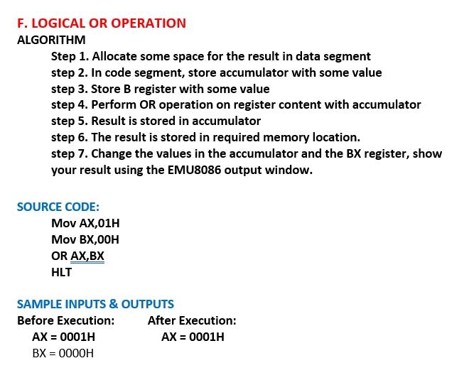 Solved F Logical Or Operation Algorithm Step 1 Allocate