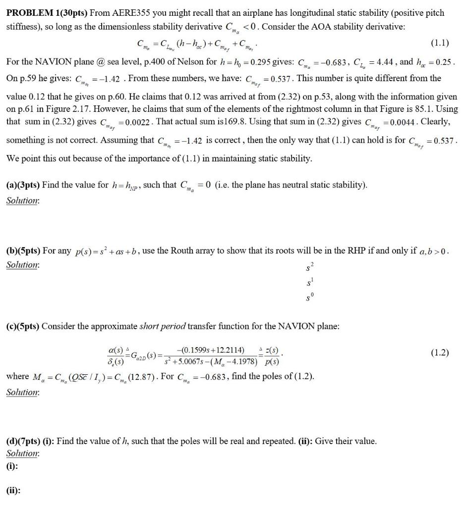 PROBLEM 1(30pts) From AERE355 you might recall that | Chegg.com